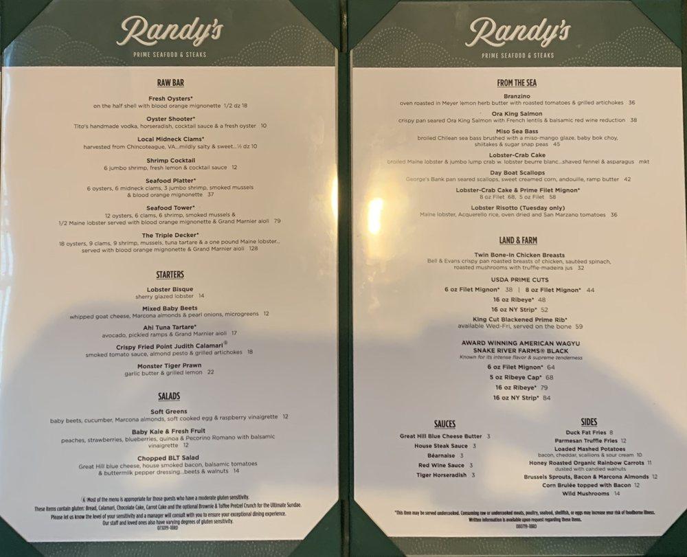 Menu at Randy's Prime Seafood and Steaks steakhouse, Vienna
