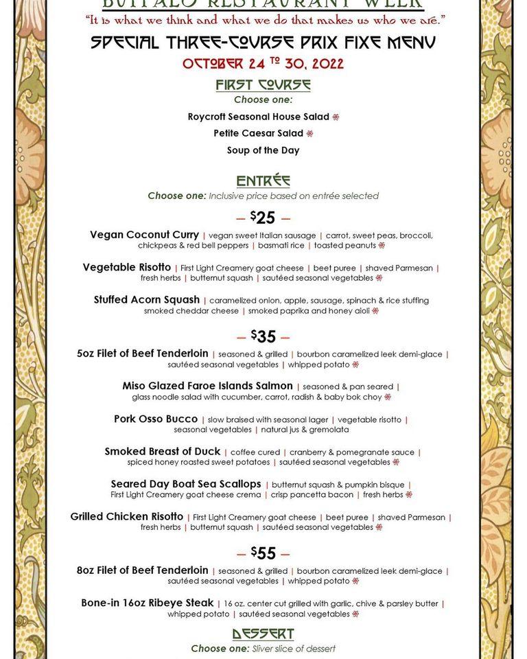 Menu at Roycroft Inn restaurant, East Aurora