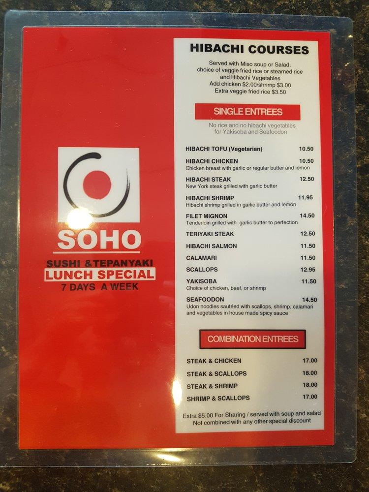 Menu at Soho Sushi and Teppanyaki restaurant, Roseville