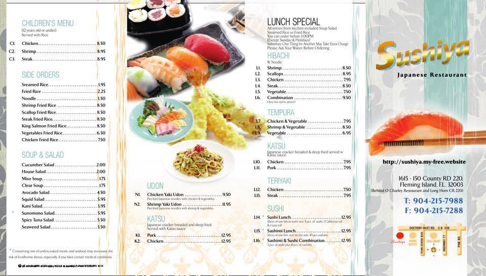 Menu at Sushiya restaurant, Fleming Island, County Rd 220