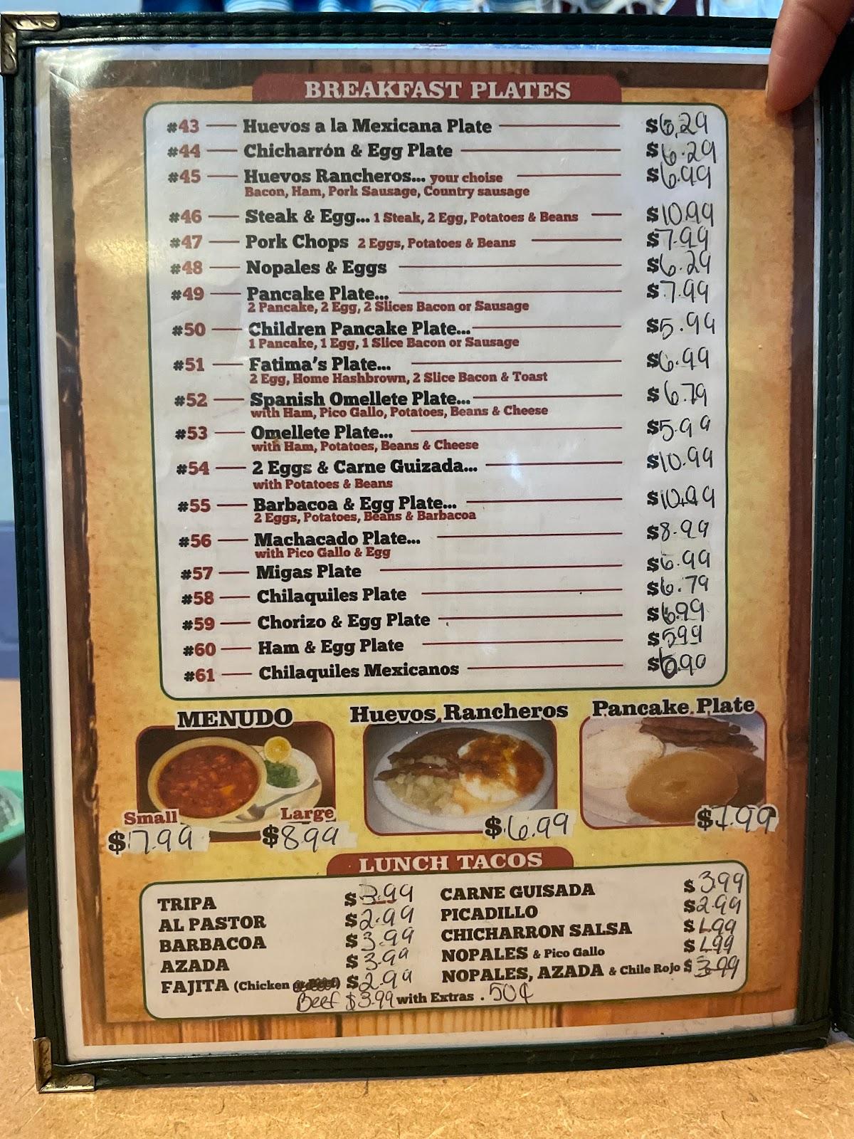Menu at Azusena's Mexican Grill restaurant, Luling