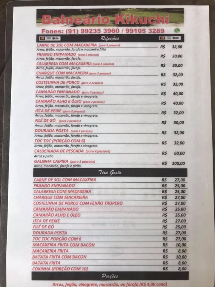 Menu at Balneario Kikuchi restaurant, Brazil