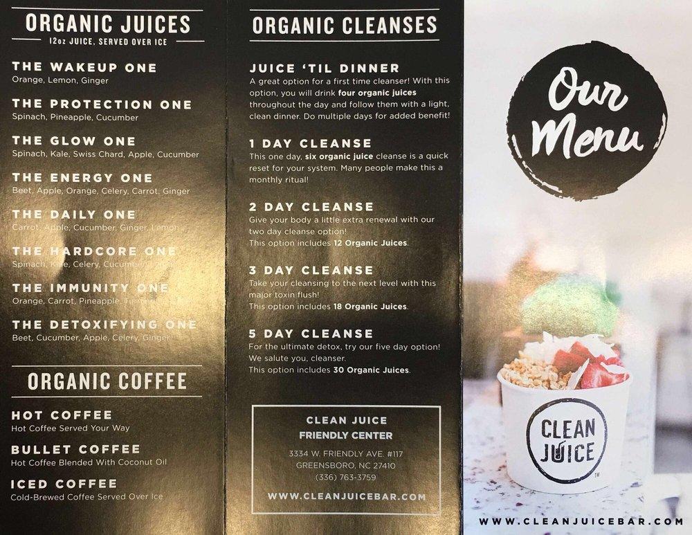 Menu at Clean Juice pub & bar, Greensboro, W Friendly Ave Suite 117