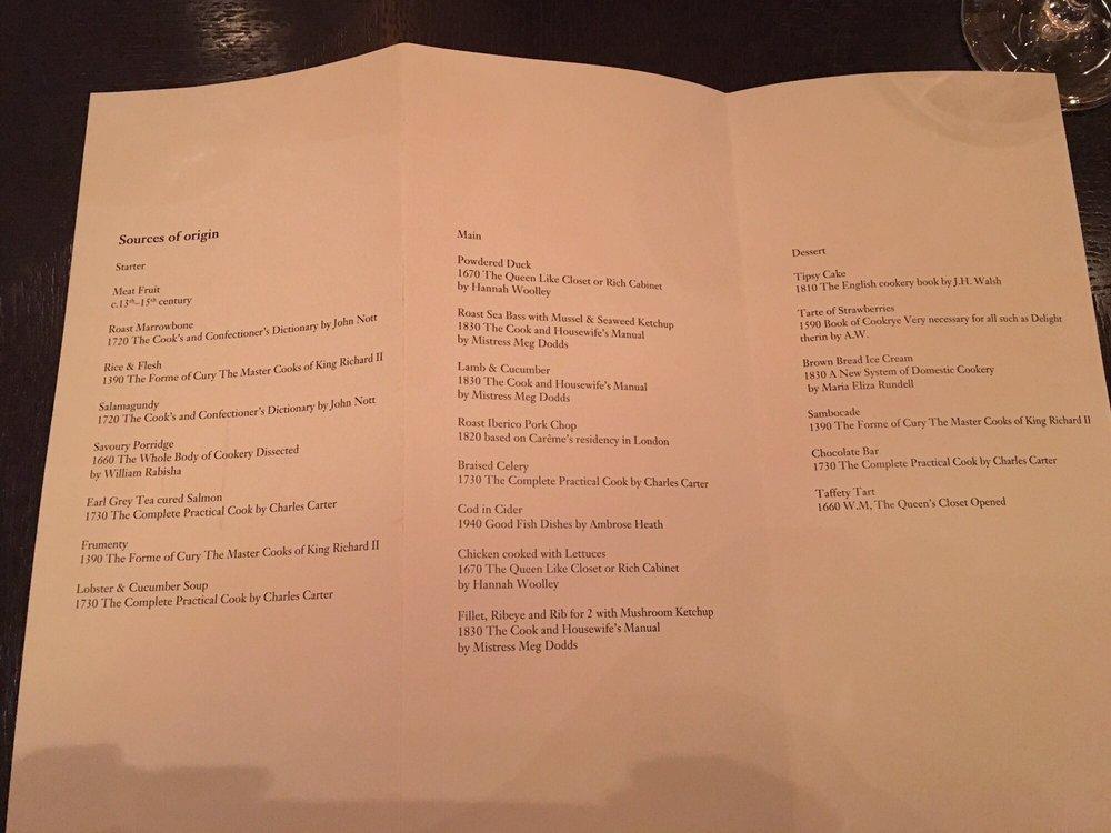 Menu at Dinner by Heston Blumenthal restaurant, London