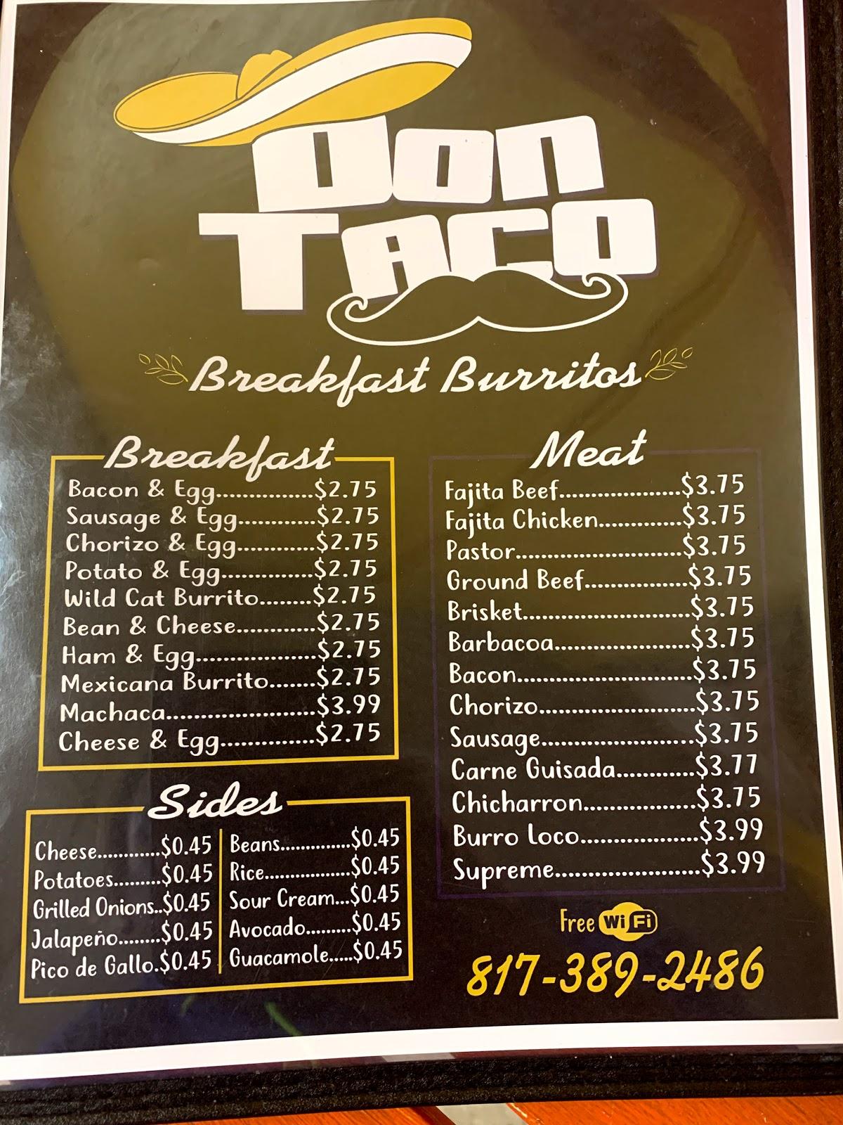Menu at Don Taco Breakfast Burritos restaurant, Godley