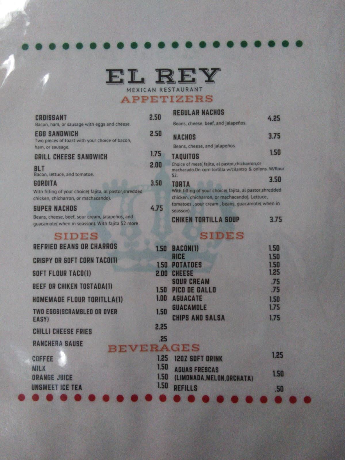 Menu at El Rey restaurant, Galveston