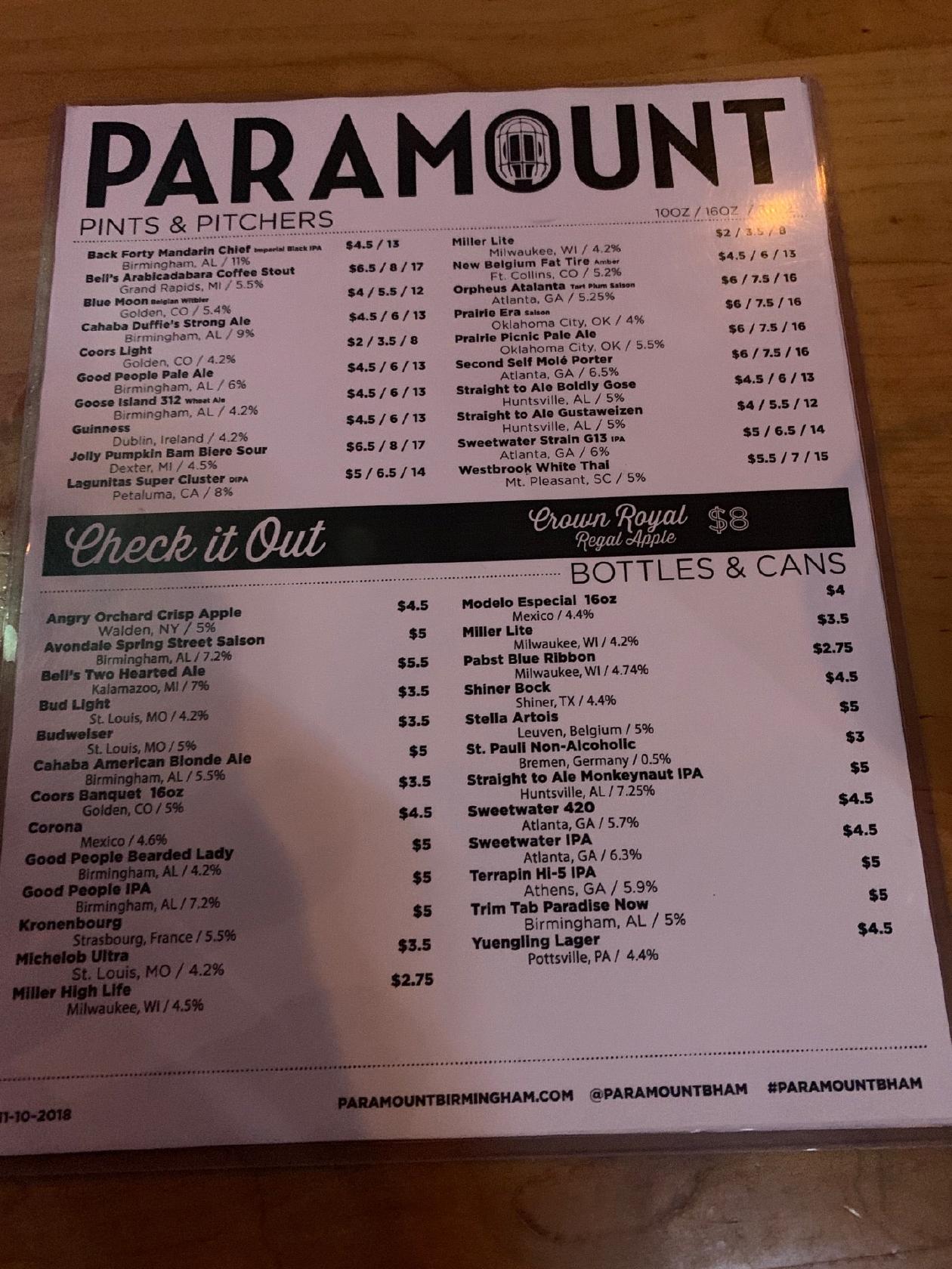 Menu at Paramount pub & bar, Birmingham