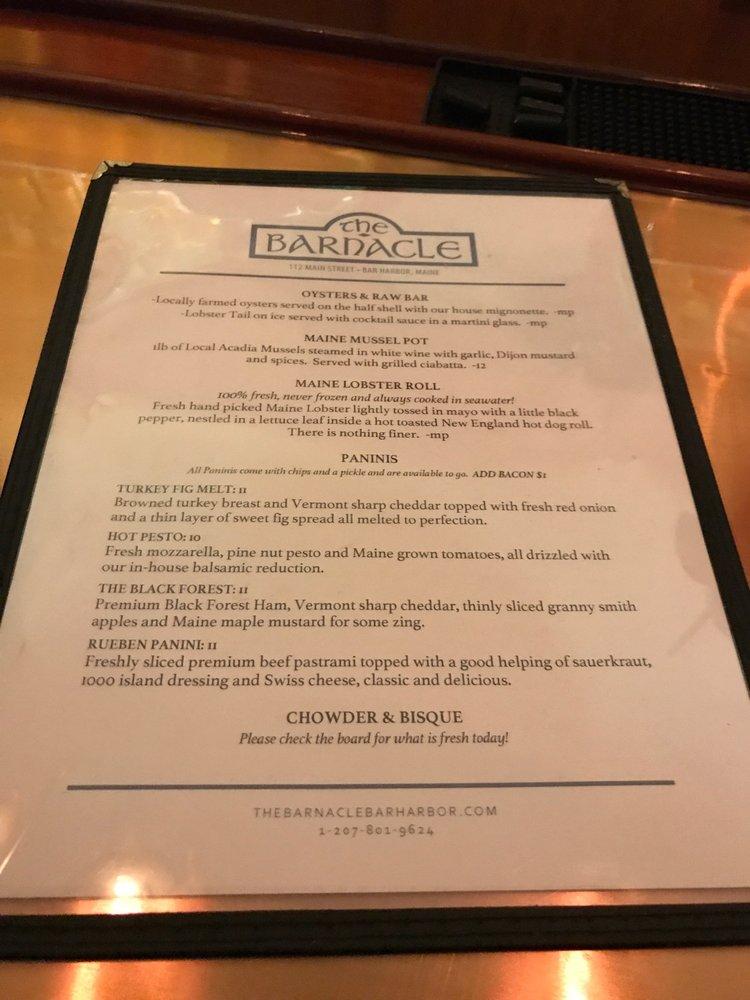 Menu at The Barnacle, Bar Harbor