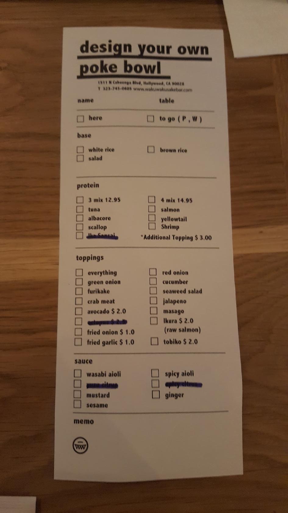 Menu at Waku Waku Sake Bar, Los Angeles