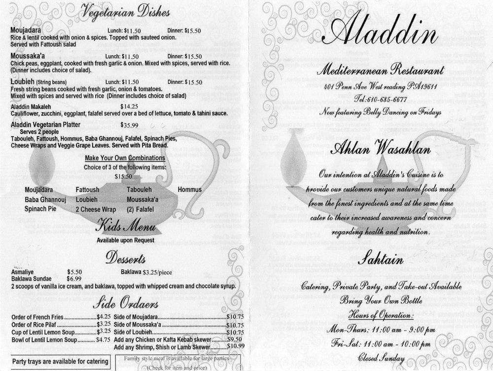 Menu at Aladdin Restaurant, West Reading