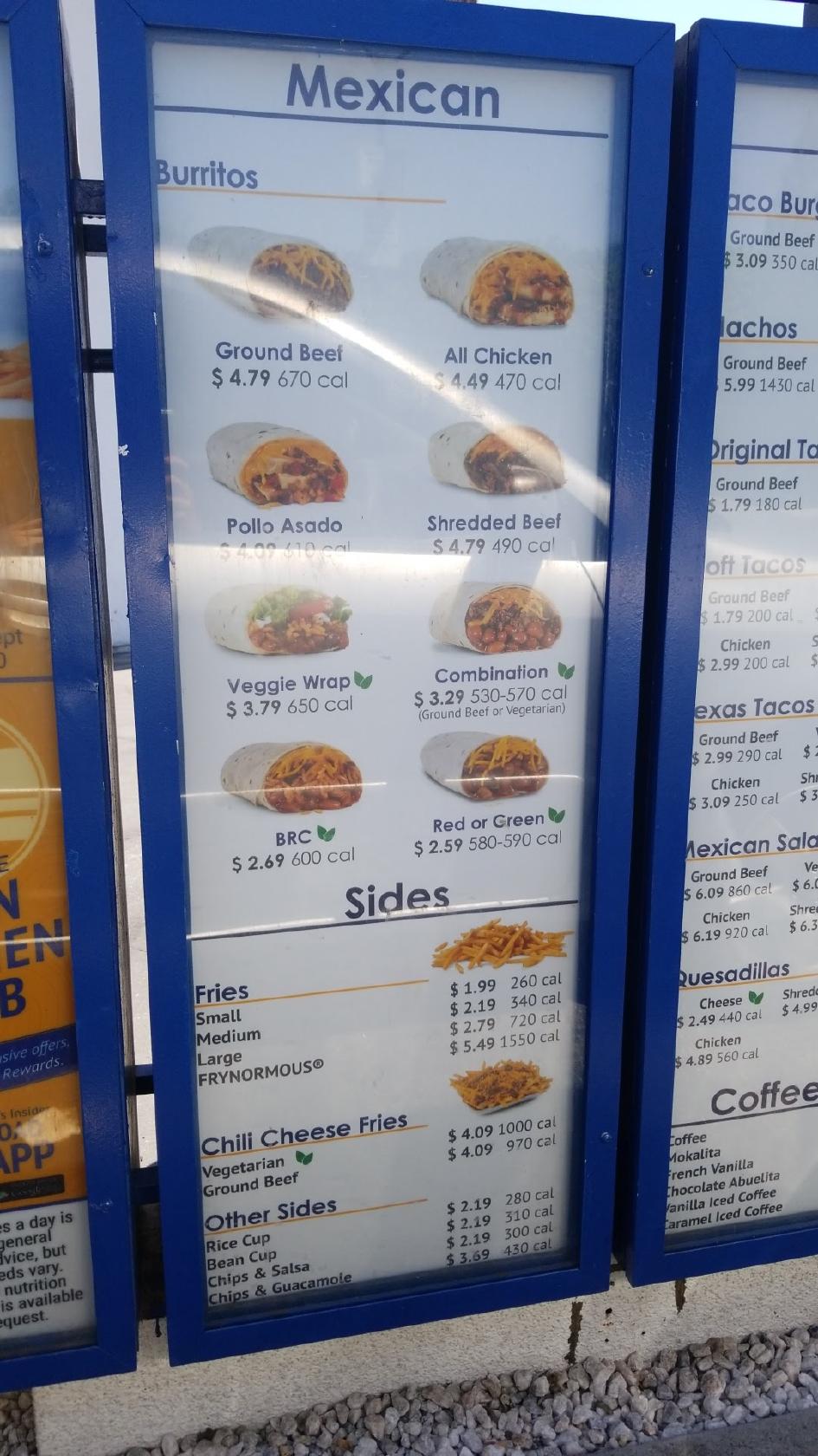 Menu at Baker's Drive-Thru fast food, San Bernardino, Arden Ave