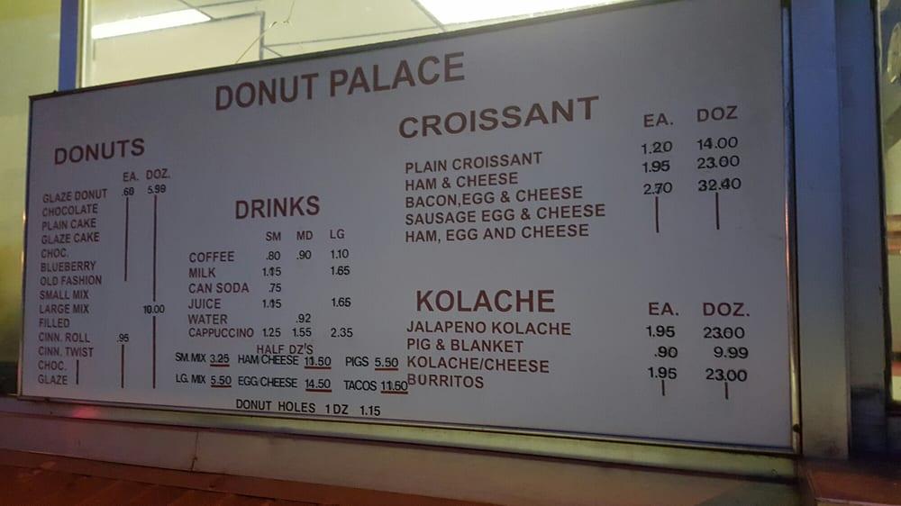 Menu at Donut Palace, Palestine, Crockett Rd