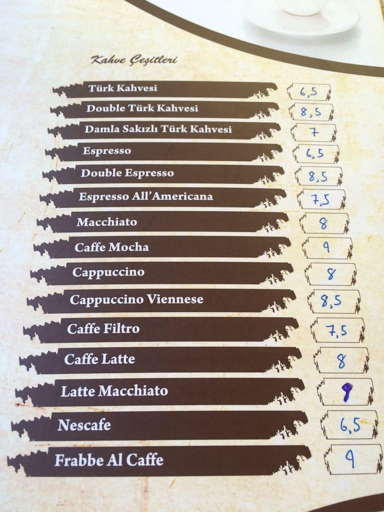 Menu at Espresso Coffee, Istanbul