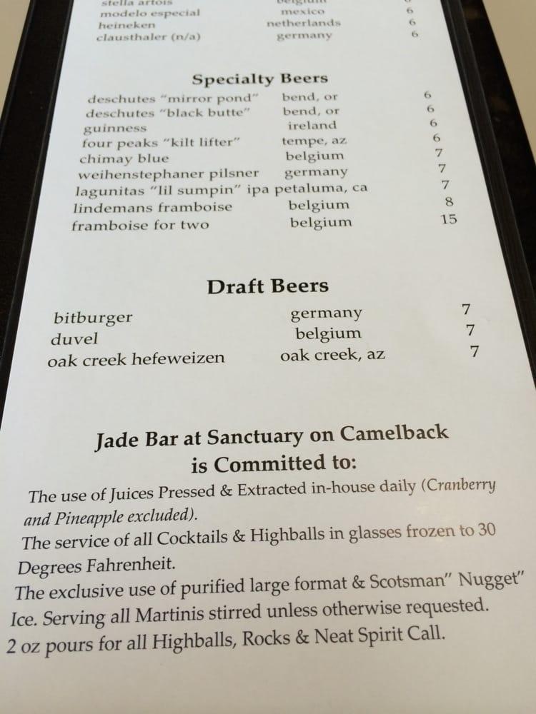 Menu at jade bar, Paradise Valley