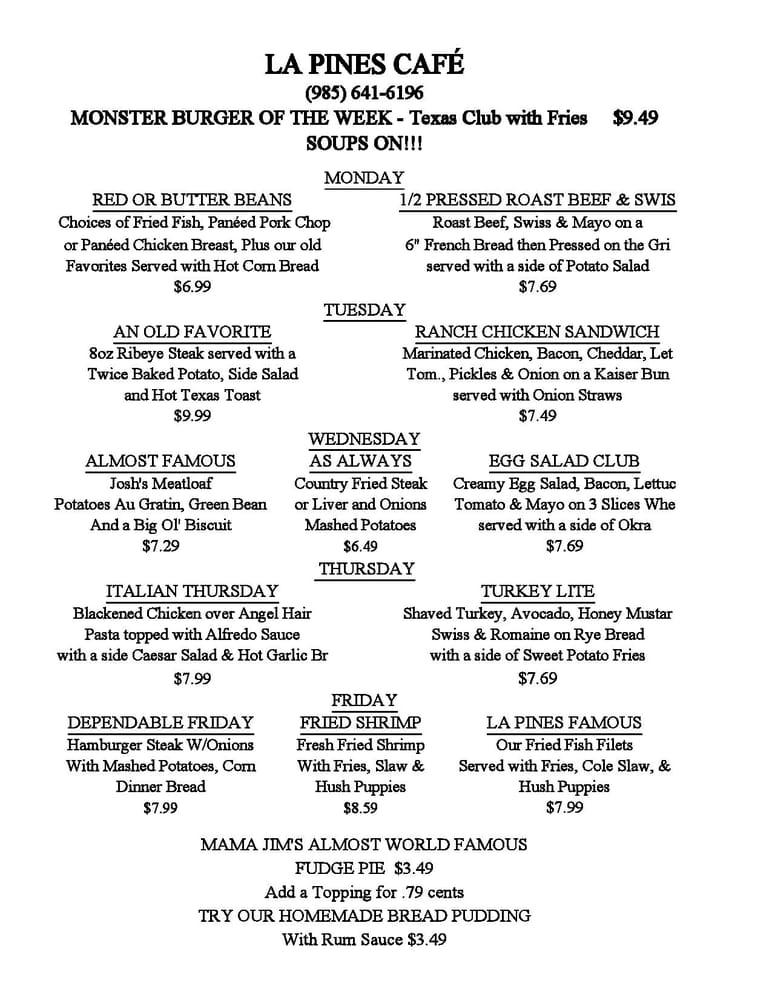 Menu at La Pines Cafe, Slidell