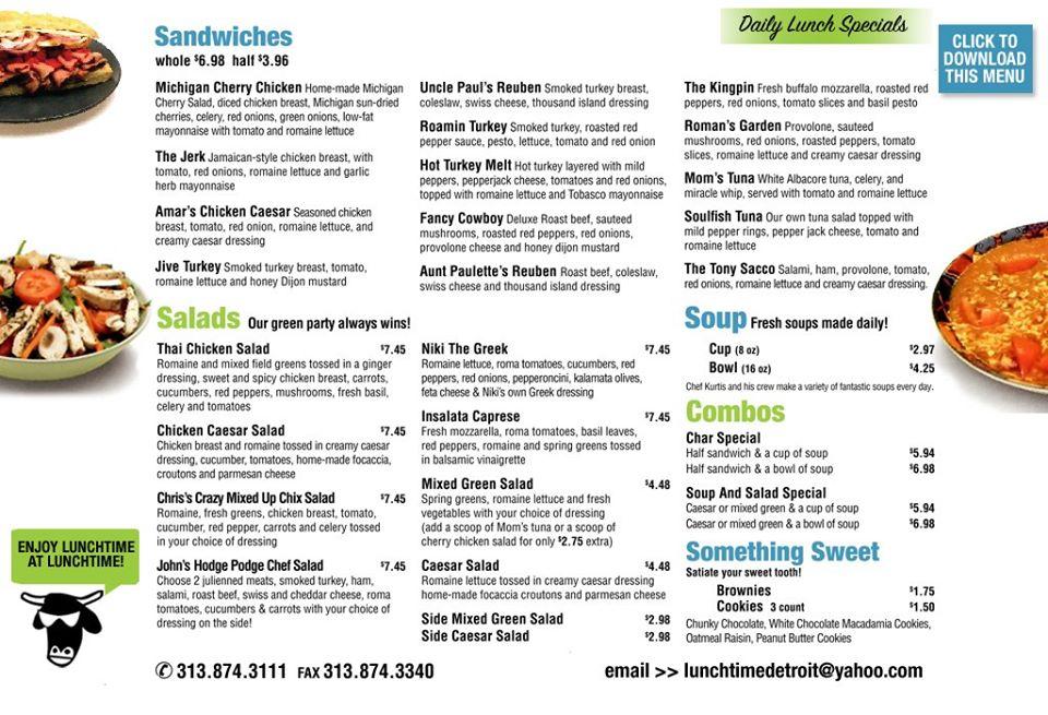 Menu at Lunchtime restaurant, Detroit