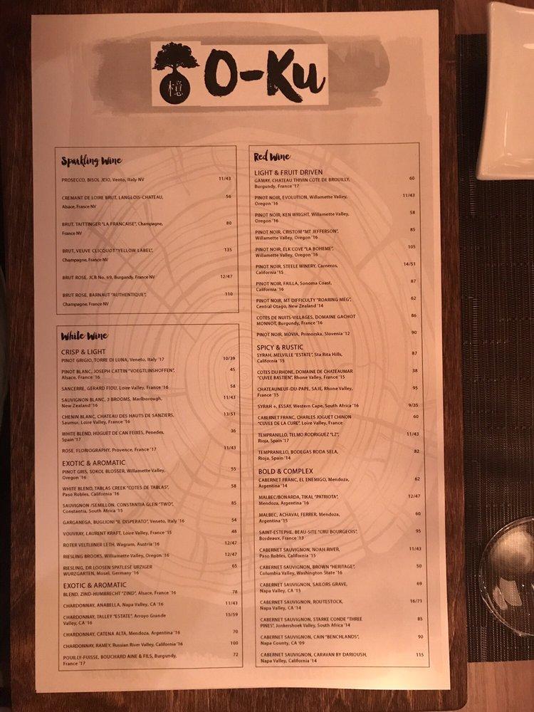 Menu at O-Ku restaurant, Raleigh