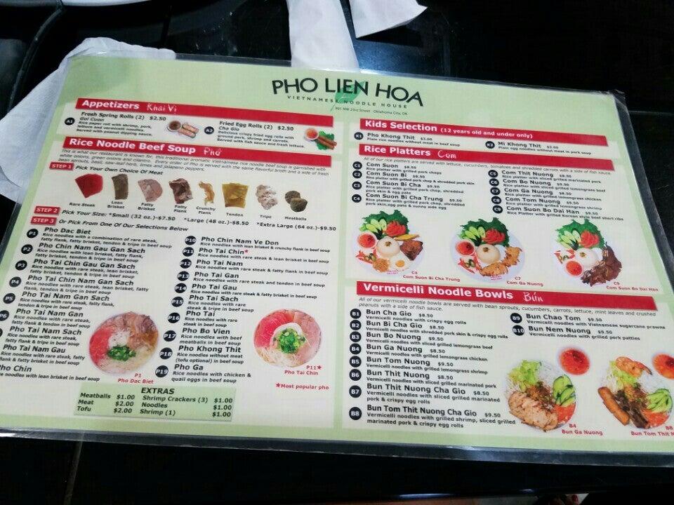 Menu at Pho Lien Hoa restaurant, Oklahoma City, 901 NW 23rd St