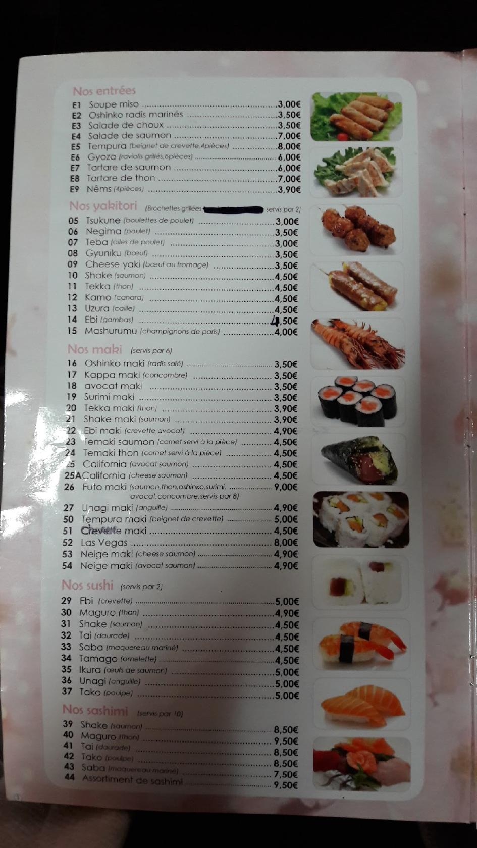 Menu au Sakura restaurant, Saint-Lô