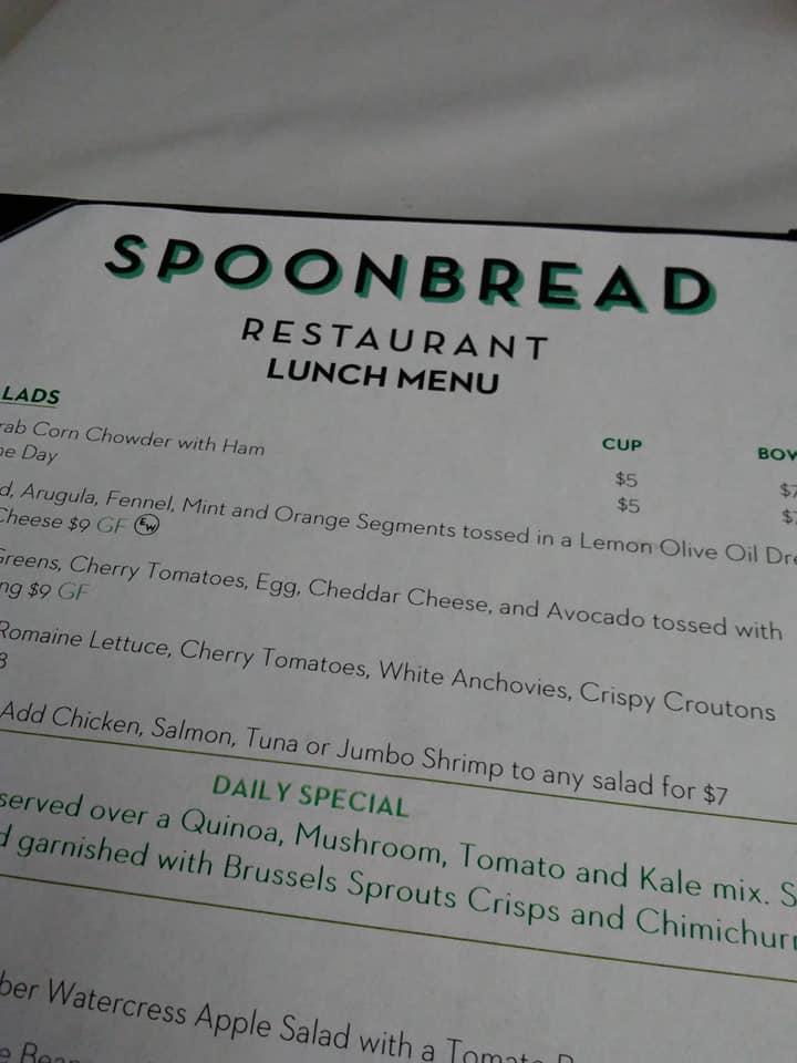 Menu at Spoonbread restaurant, Greenville