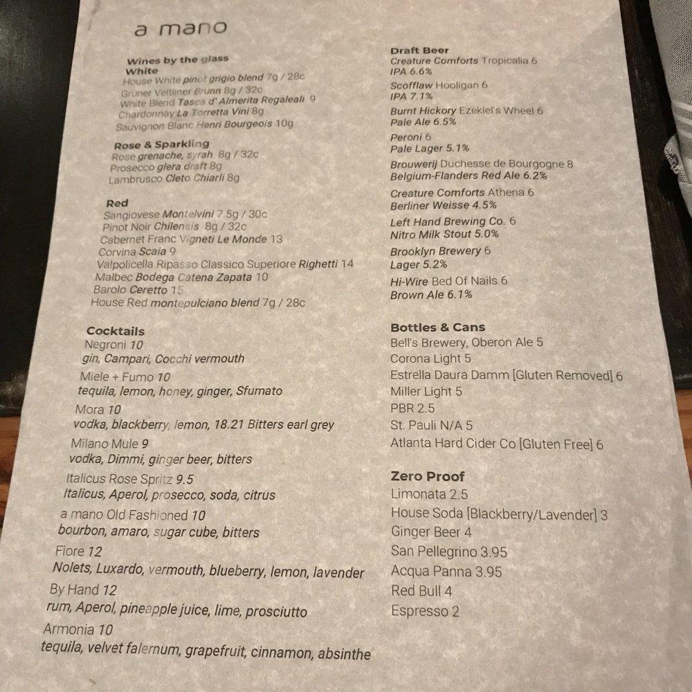 Menu at a mano pub & bar, Atlanta