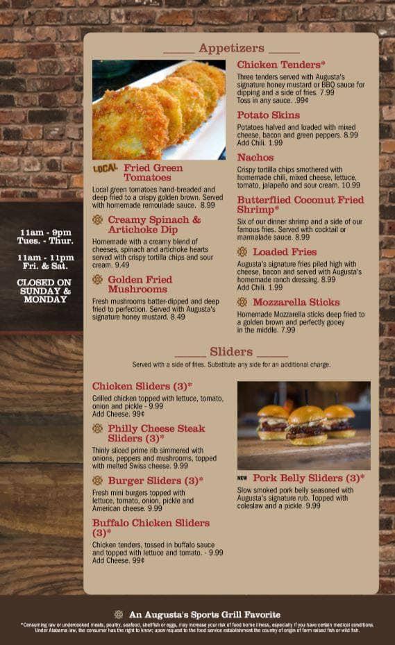 Menu at Augusta's Sports Grill pub & bar, Cullman