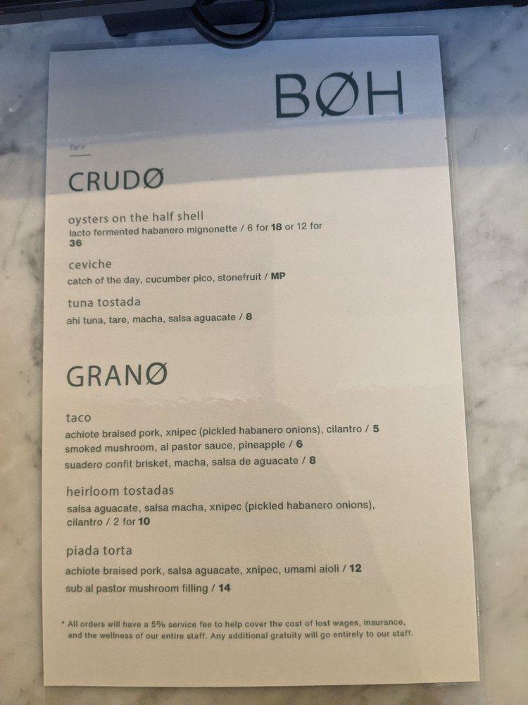 Menu at BRUTO cafe, Denver