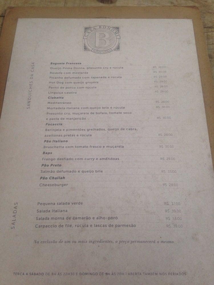Menu at Casa Bonomi cafe, Belo Horizonte, Av. Afonso Pena