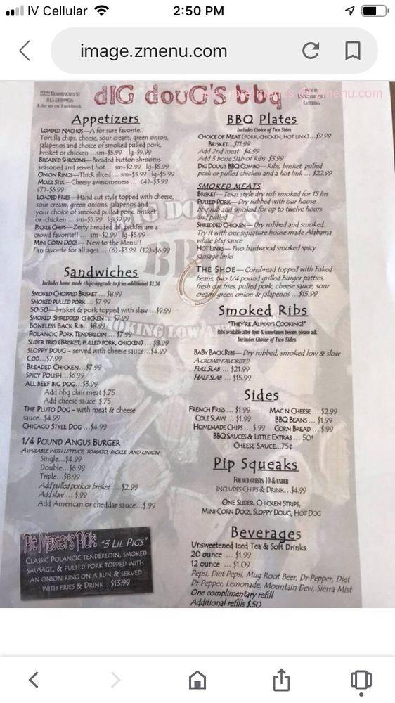 Menu at Dig Dougs BBQ, Streator
