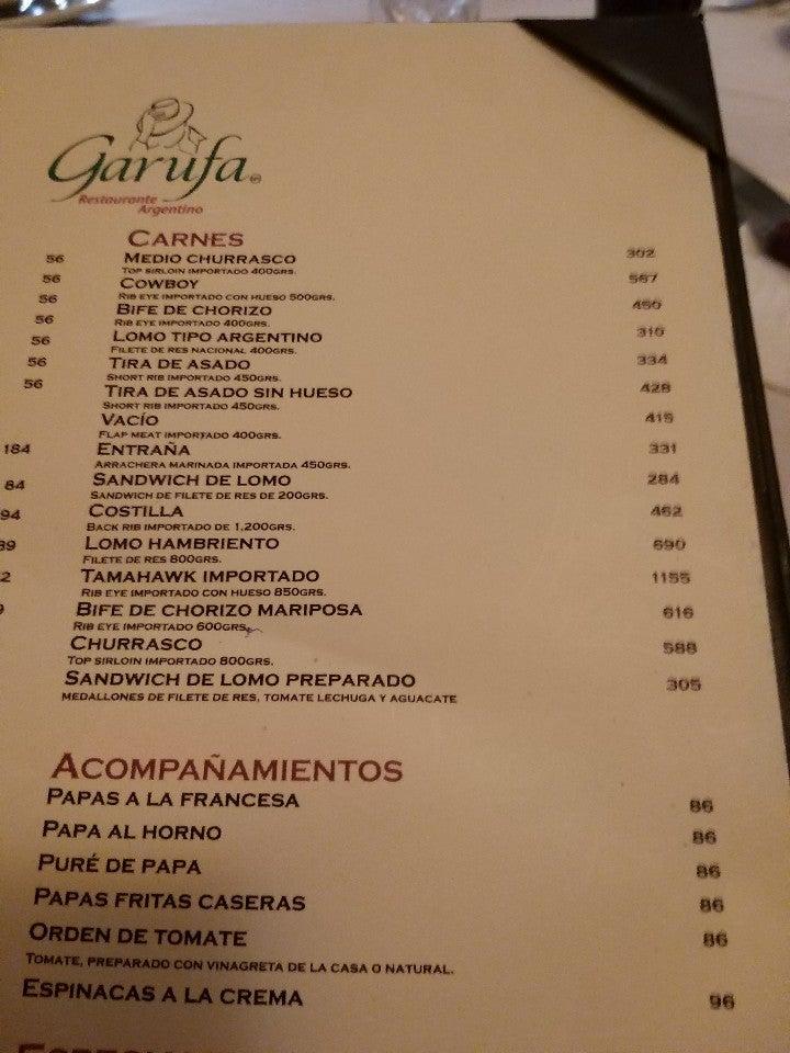 Carta del restaurante Garufa, Torreón, Avenida Abasolo