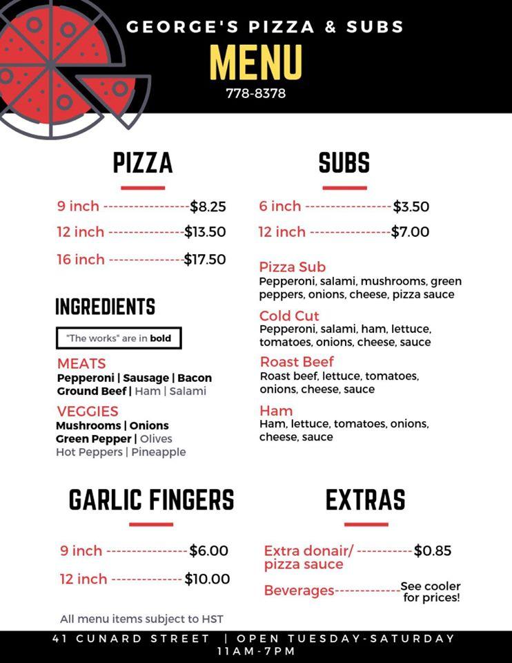 Menu at George's Pizza & Subs pizzeria, Miramichi