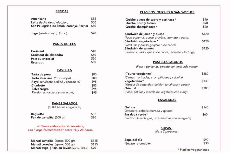 Carta del postres Patisserie Dominique, Ciudad del México