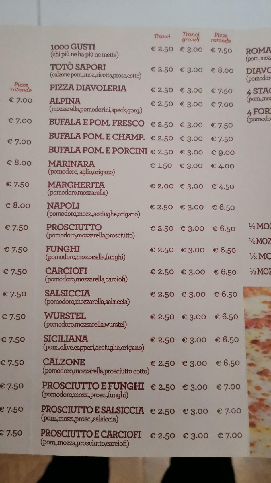 Menu at Pizzeria della Cisa, Fornovo di Taro