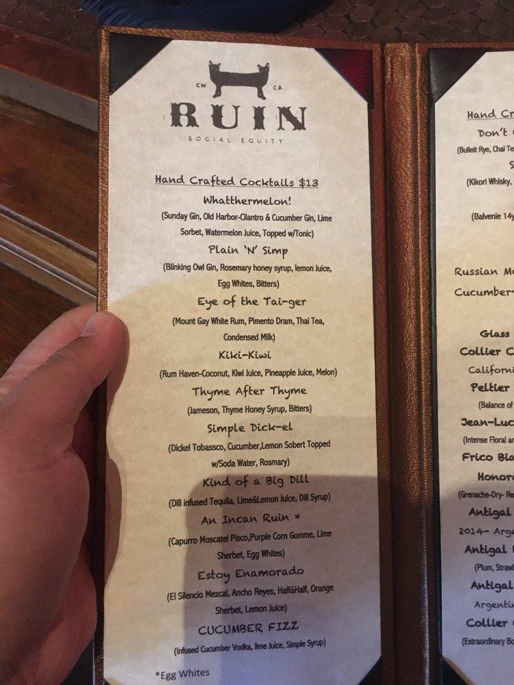 Menu at Ruin Bar, Costa Mesa
