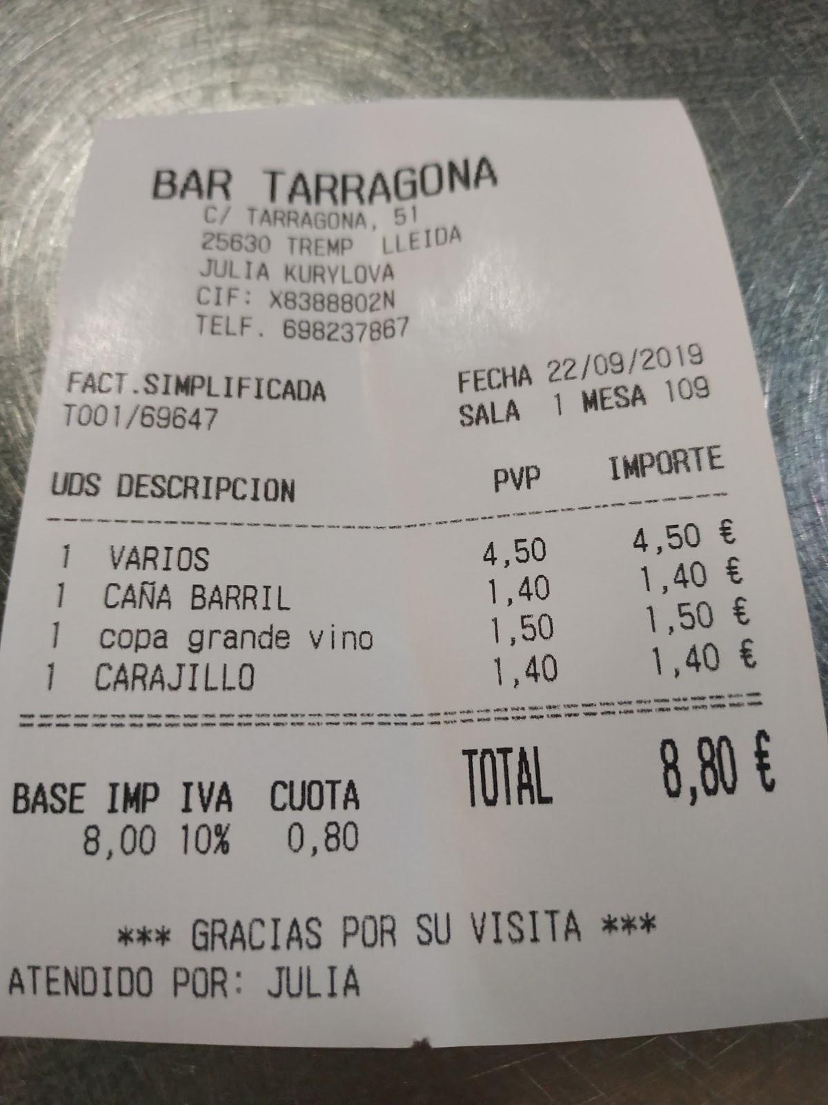 Menu at Terrassa Bar Tarragona, Tremp