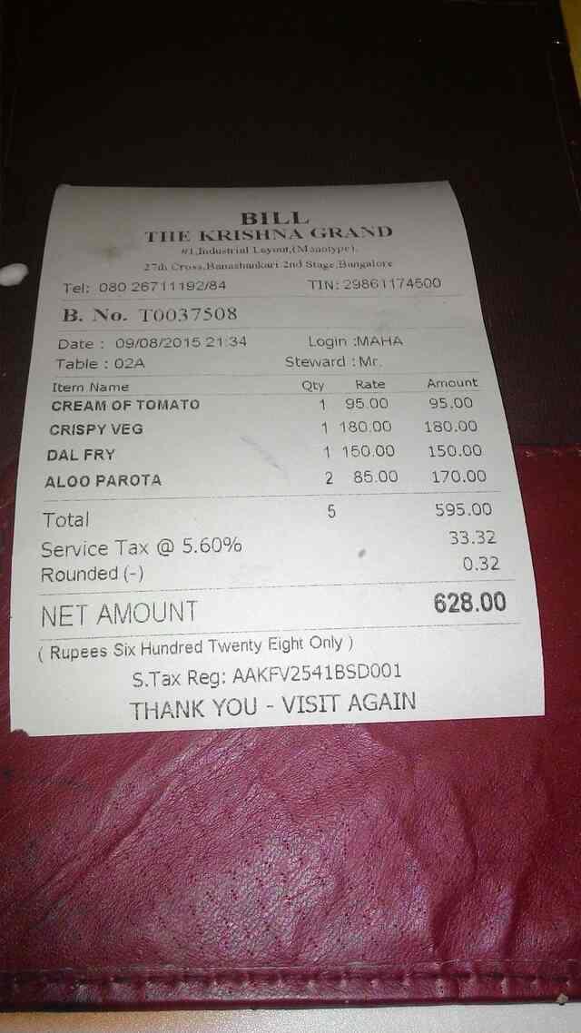 Menu at The Krishna Grand, Bengaluru, 25/1