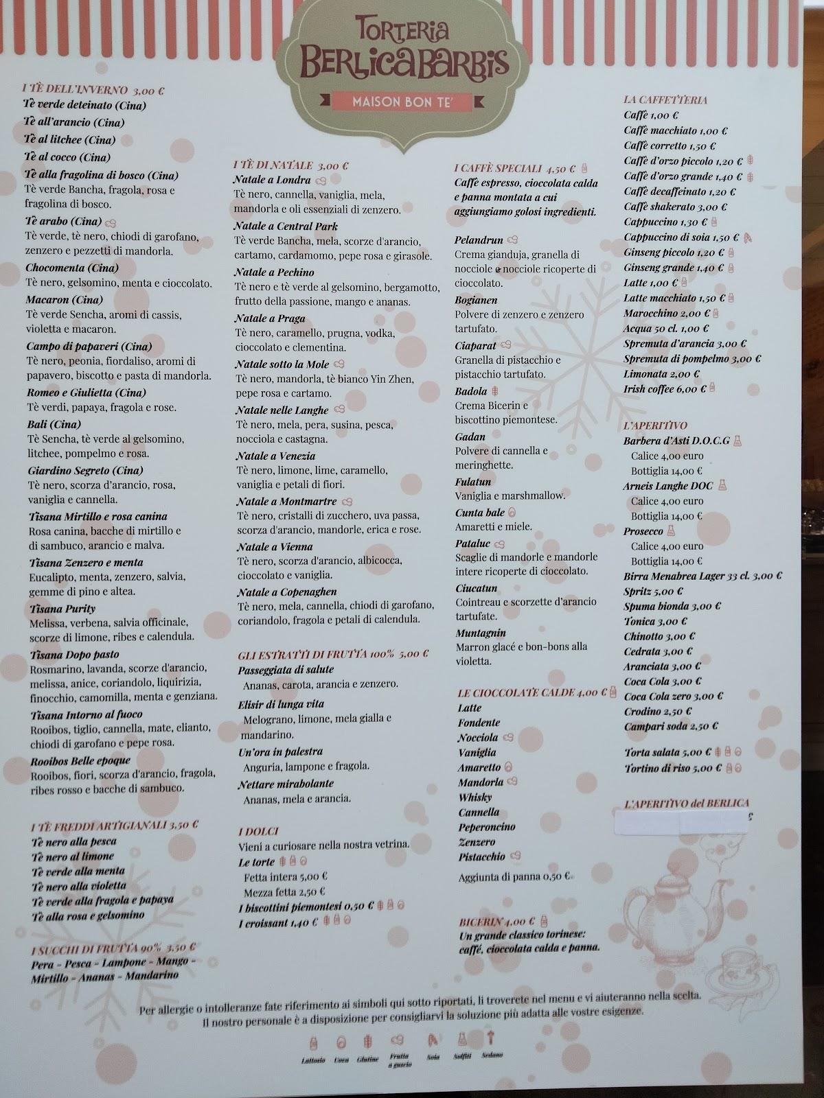 Menu at Torteria Berlicabarbis - Via Carlo Alberto, Turin