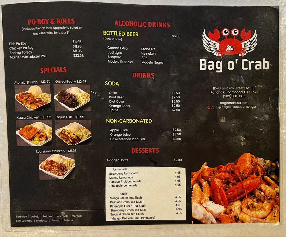 Menu at Bag O' Crab restaurant, Rancho Cucamonga