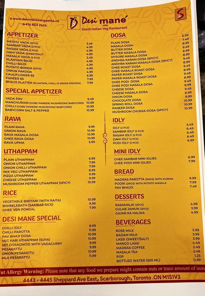 Menu at Desi Mane restaurant, Toronto
