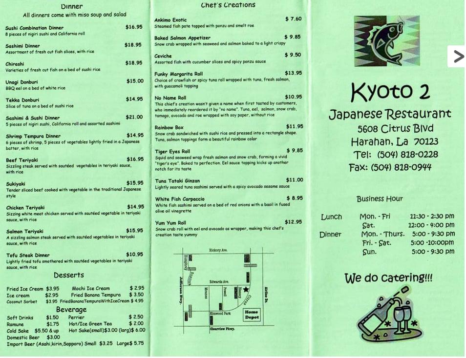 Menu at Kyoto 2 restaurant, New Orleans