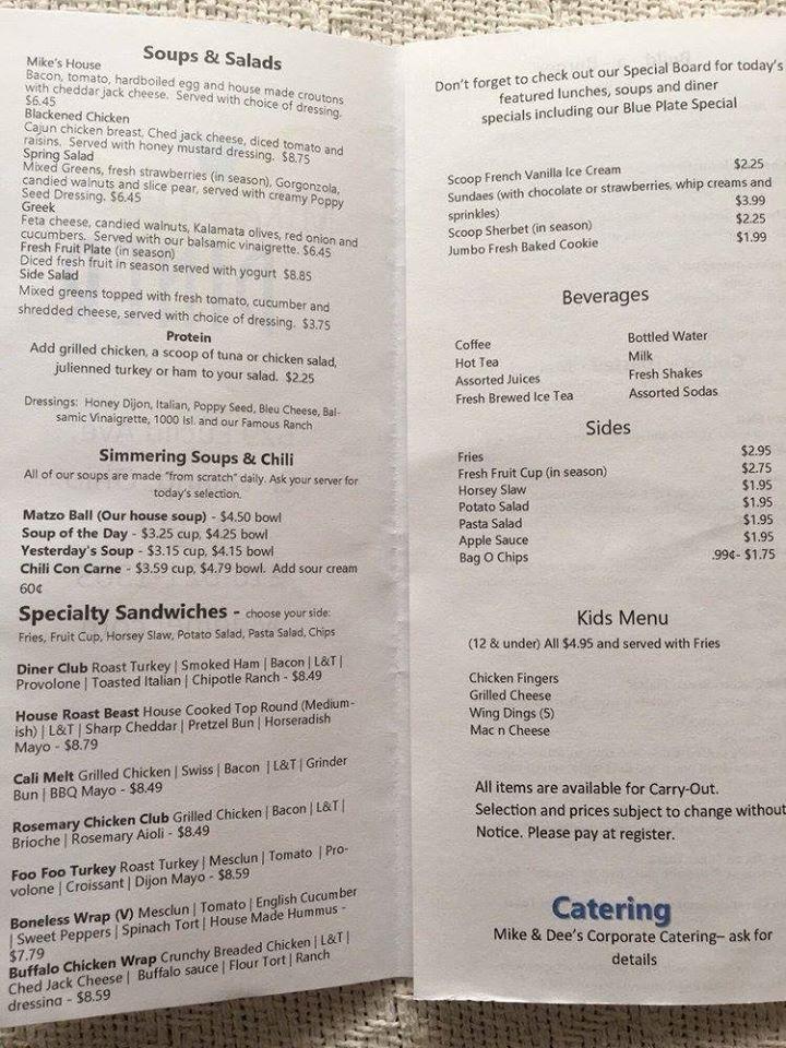 Menu at Mike & Dee's Diner restaurant, Cleveland