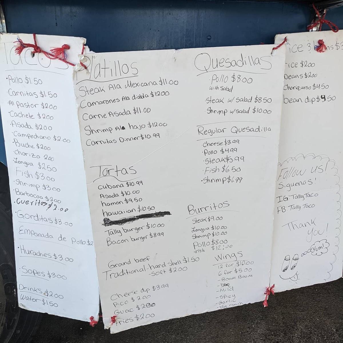 Menu at Tally Taco Food Truck restaurant, Tallahassee