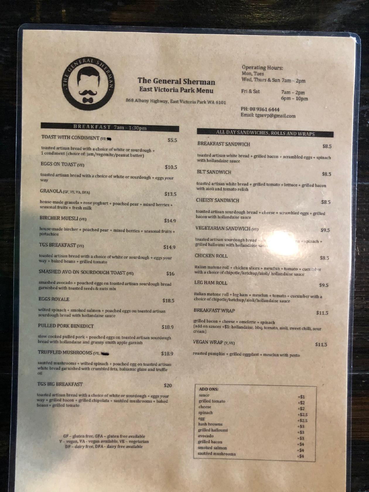 Menu at The General Sherman cafe, Murdoch