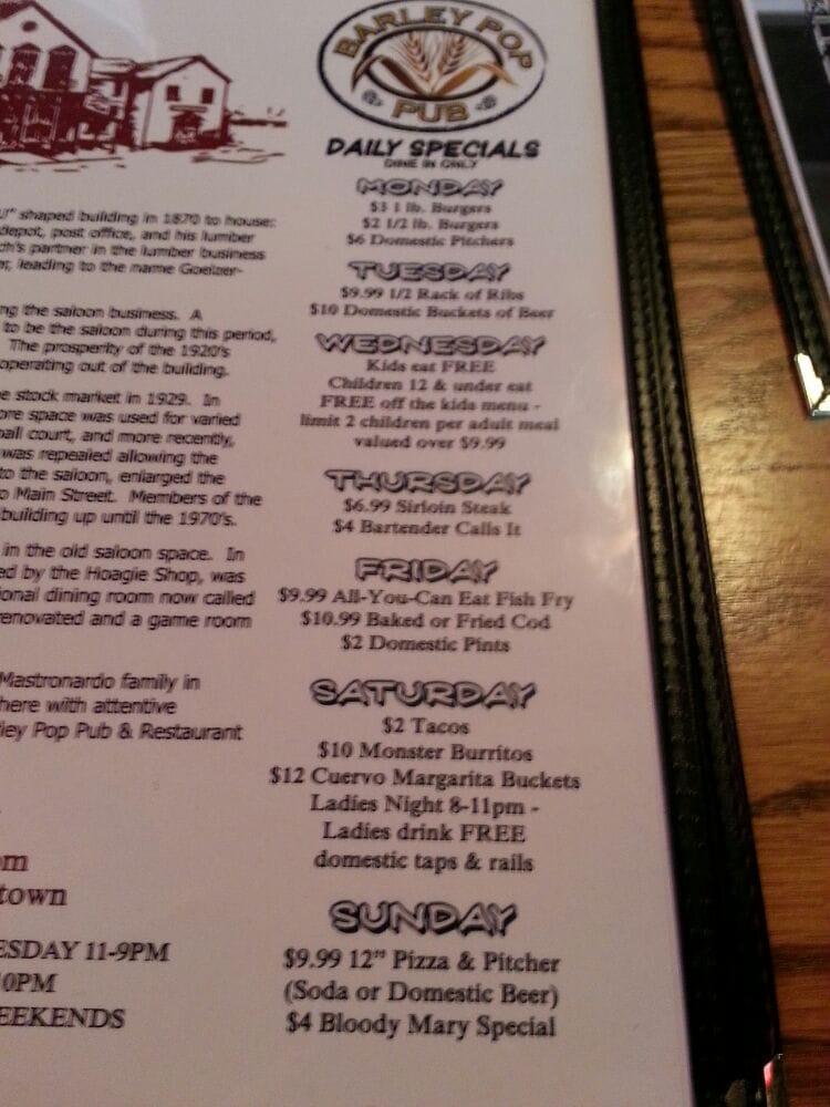 Menu at Barley Pop Pub, Germantown