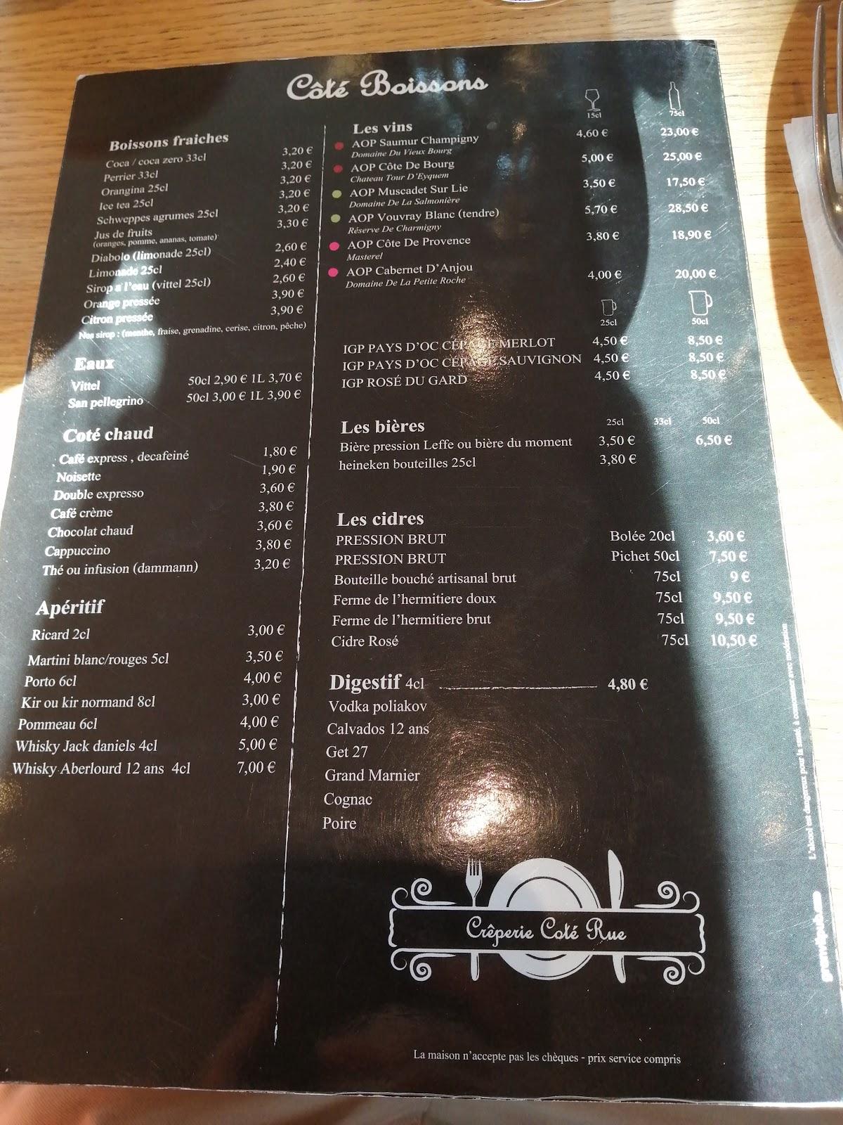 Menu au Côté Rue restaurant, Jullouville