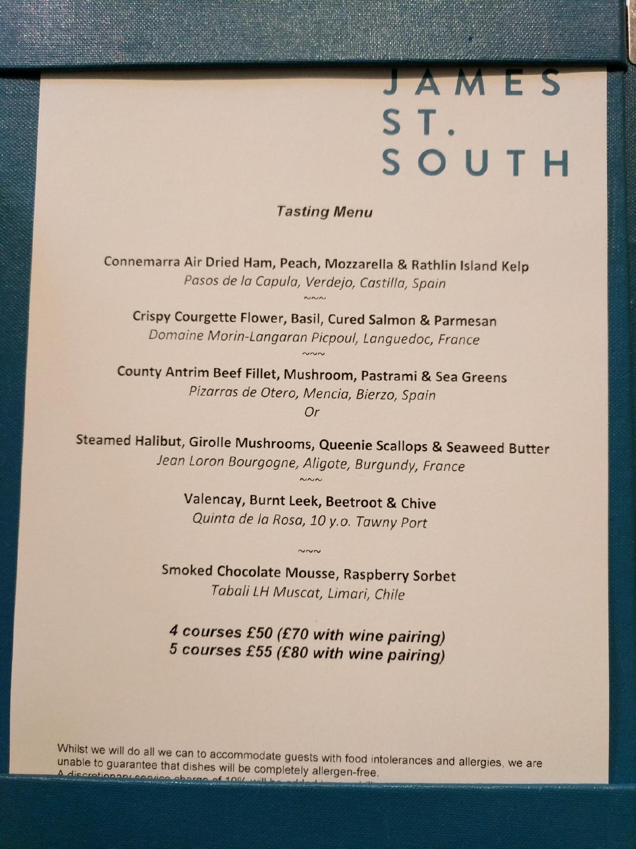 Menu at James Street South restaurant, Belfast