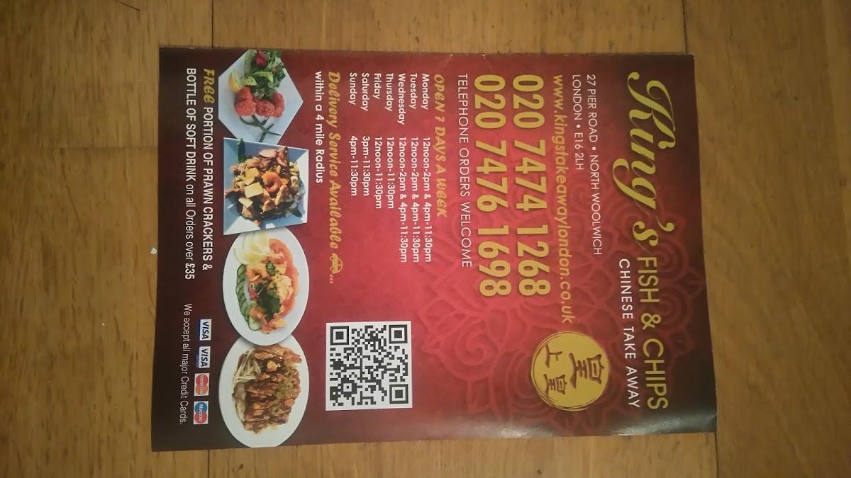 Menu at King's Takeaway fast food, London, 27 Pier Rd