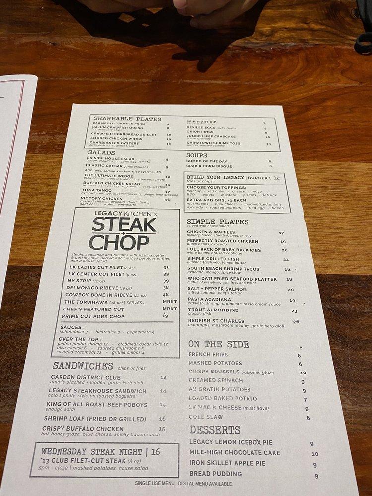 Menu at Legacy Kitchen's Steak and Chop steakhouse, Gretna, 91 Westbank ...