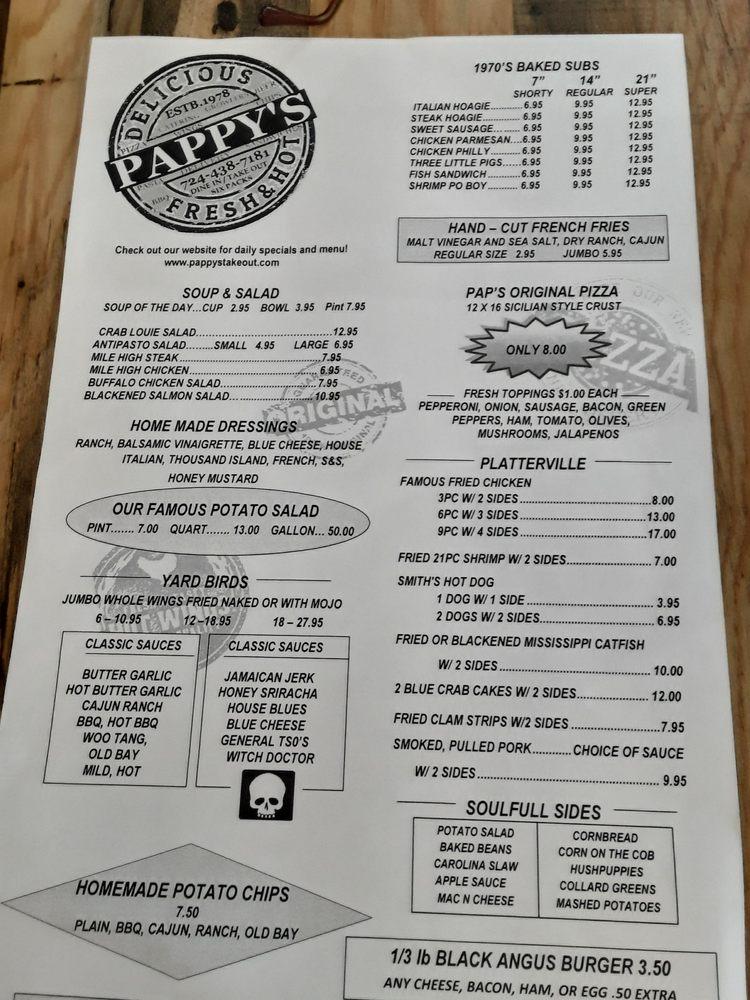 Menu at Pappy’s pizzeria, Uniontown