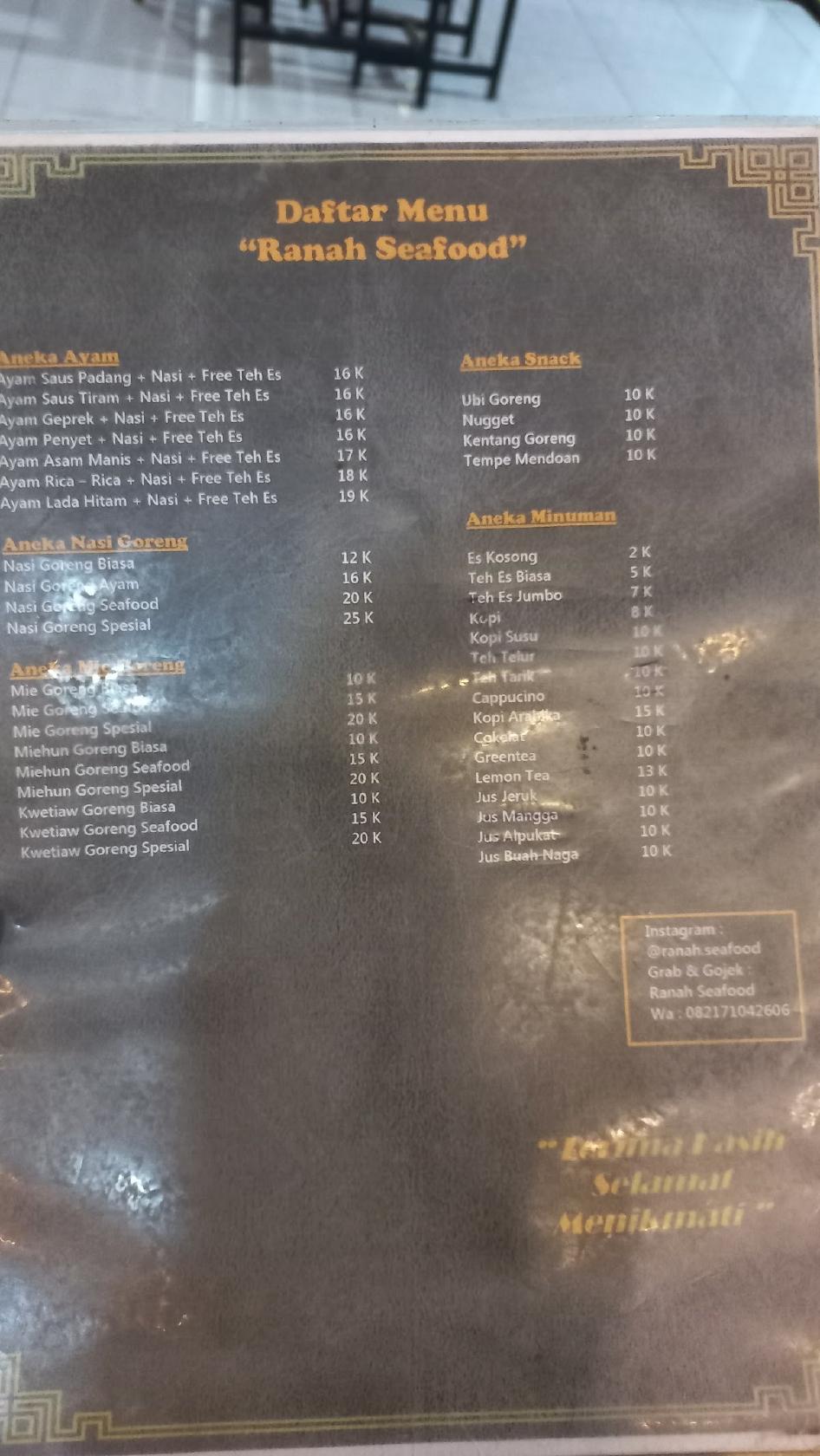 Menu at Mamil resto/Ranah seafood restaurant, Pekanbaru